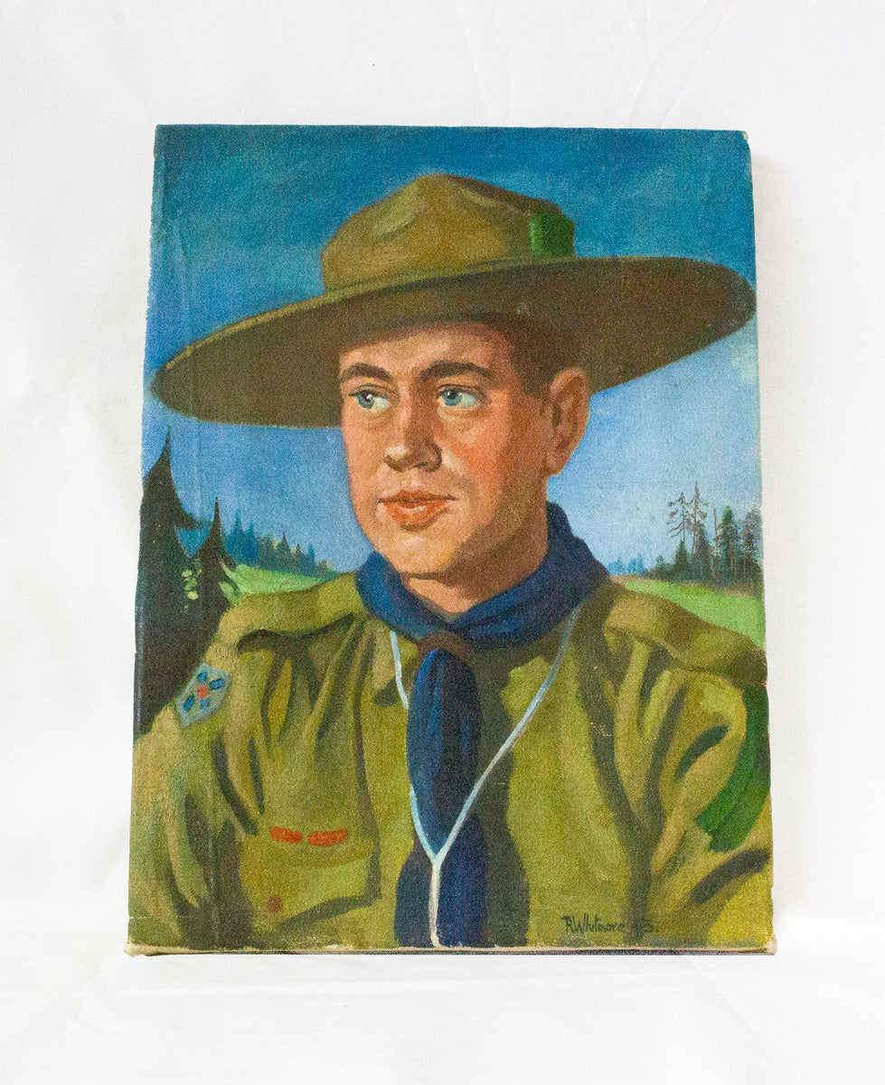 Fab Late 40s Oil Painting of a Boy Scout dated 1943 – FISH4JUNK